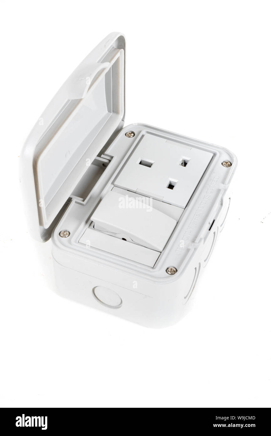 A British external electrical socket isolated on a white background ...