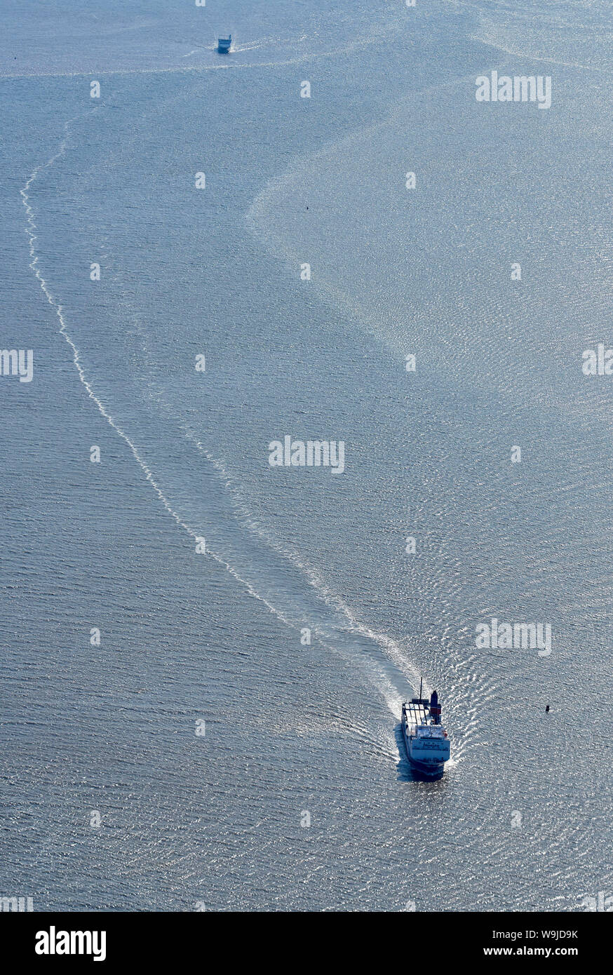 An aerial view of Isle of Man ferries approaching Heysham harbour ...