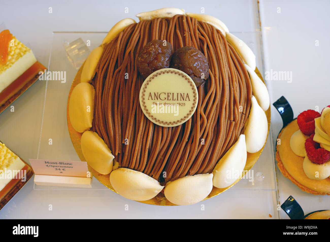 PARIS, FRANCE -19 JUL 2019- View of a chestnut Mont Blanc cake at the ...