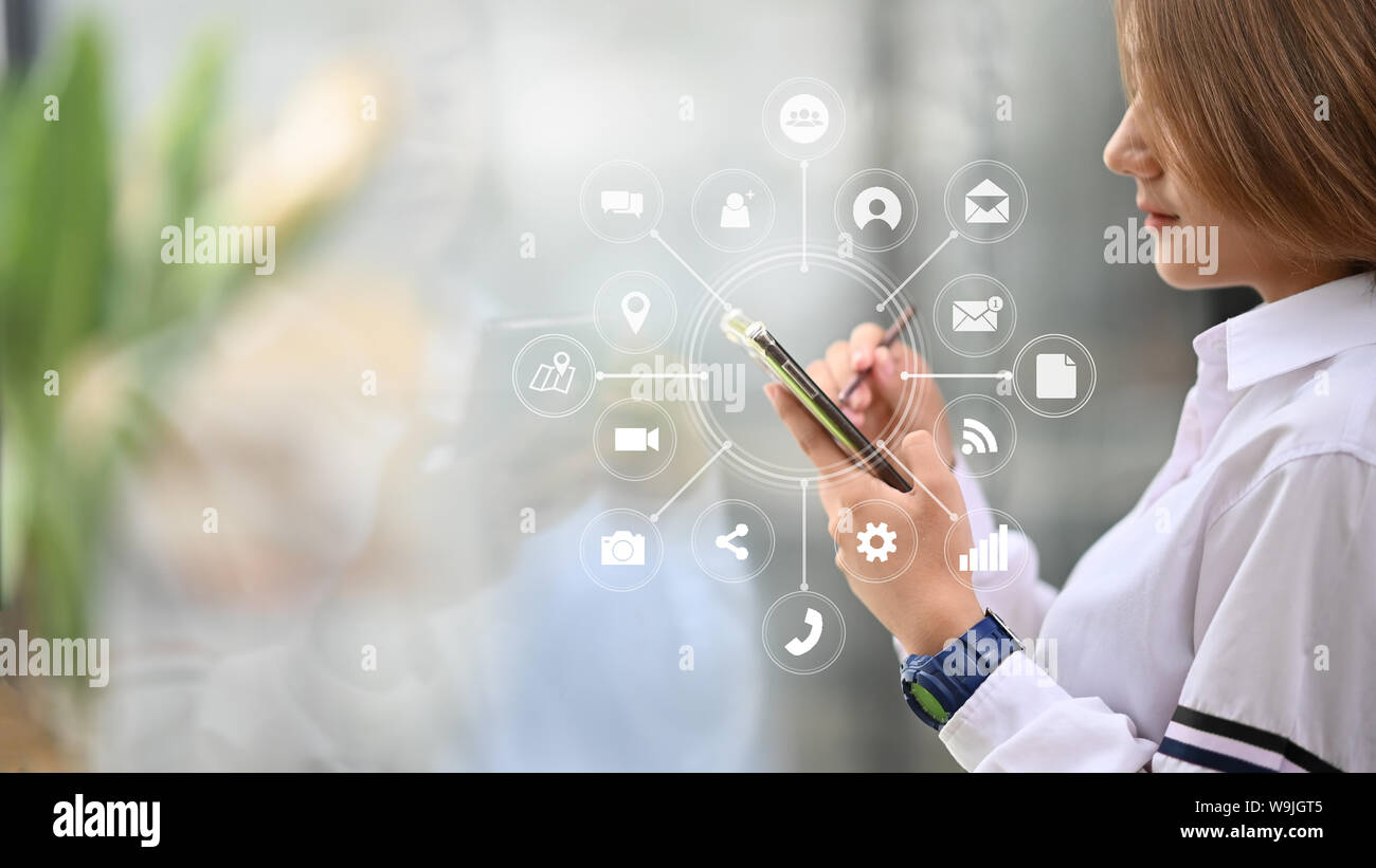 Female using mobile phone, innovation technology in smart device Stock ...