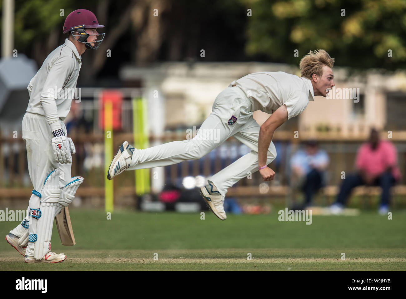 London, UK. 13 August, 2019. George Barlow bowling for Surrey against ...