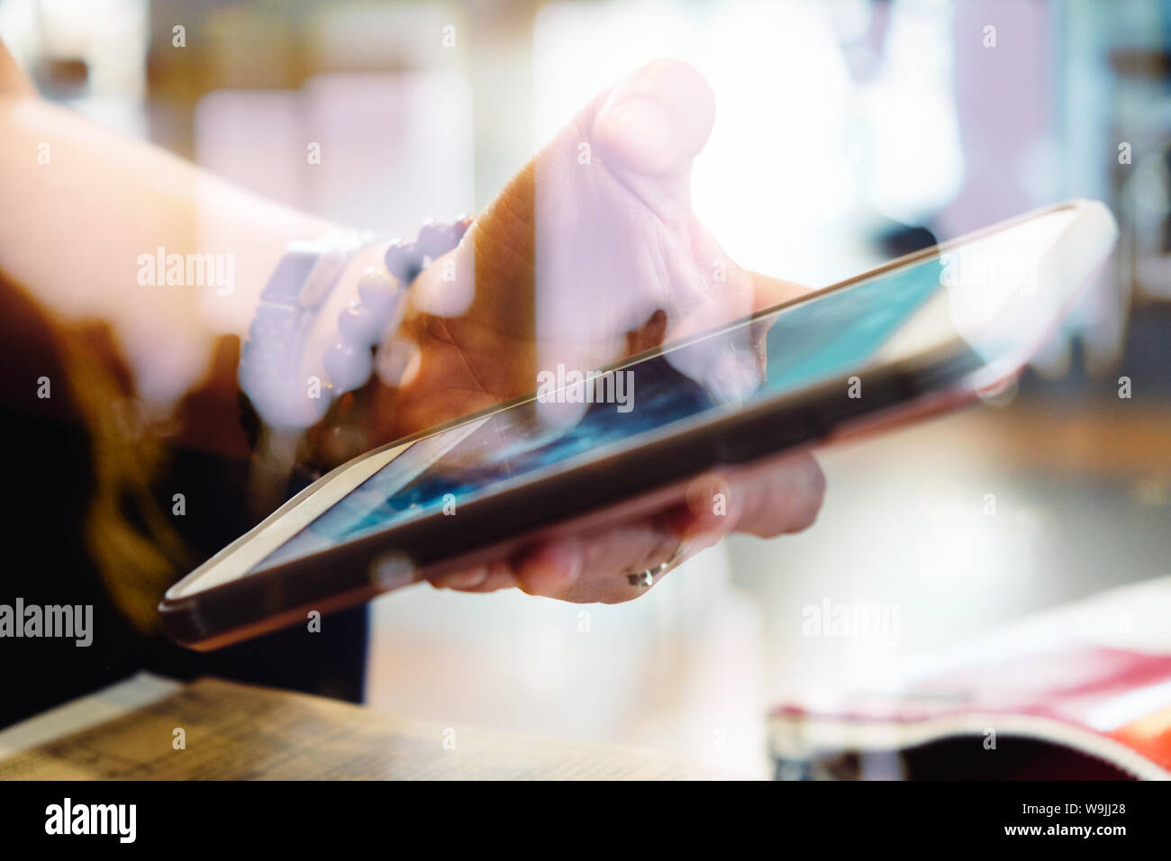 Hands with mobile, double exposure Stock Photo - Alamy