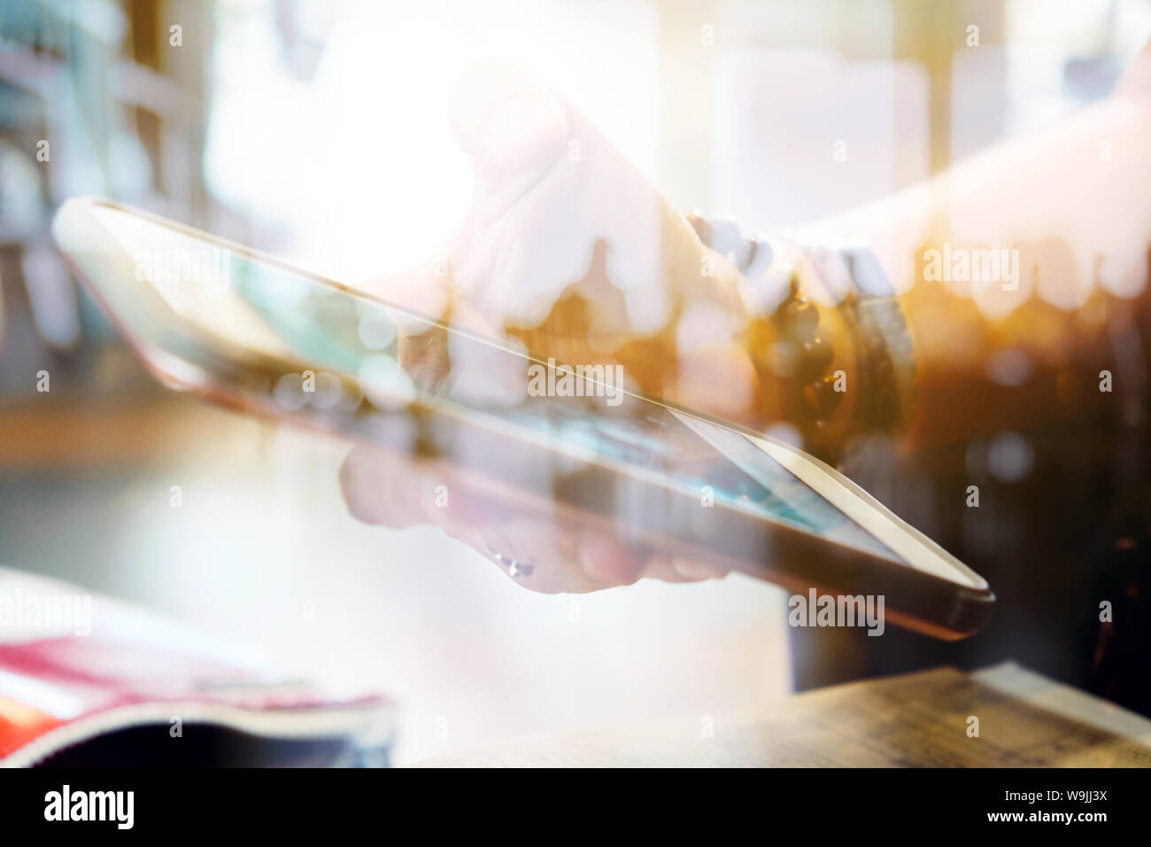 Hands with mobile, double exposure Stock Photo - Alamy