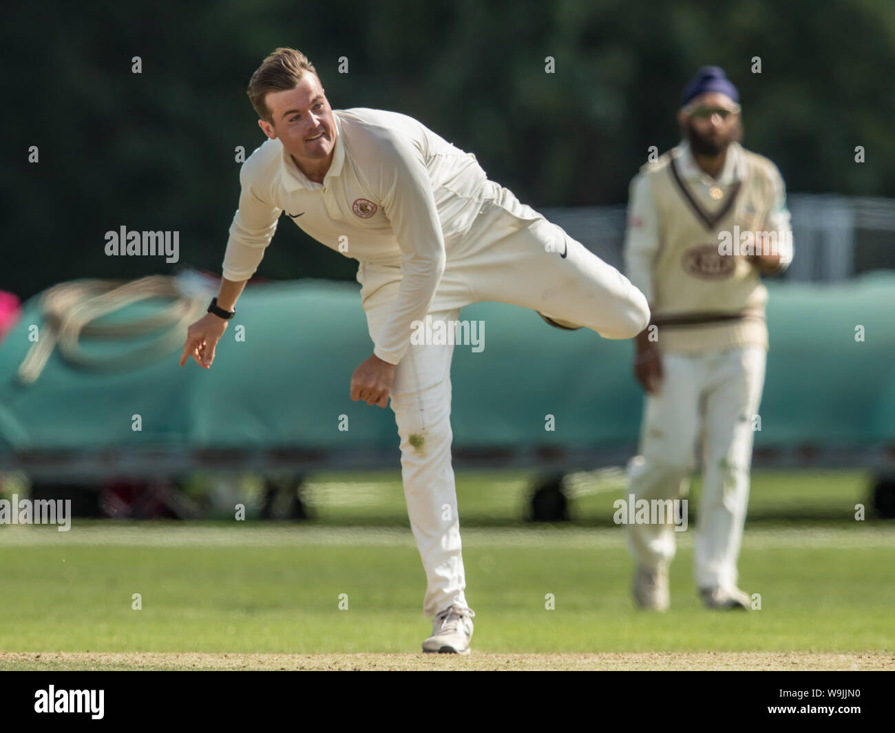 London, UK. 13 August, 2019. Daniel Moriarty bowling for Surrey against ...