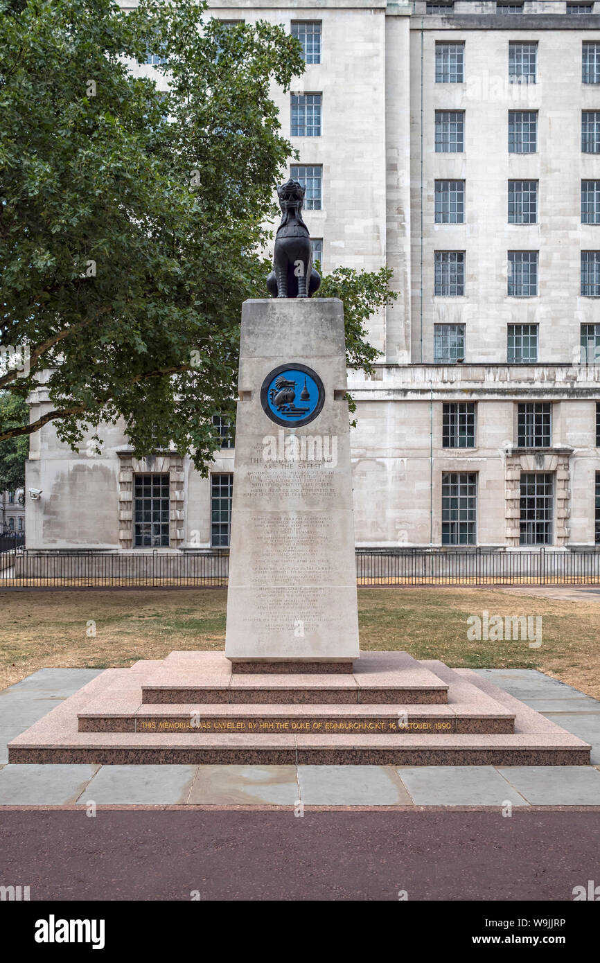 LONDON, UK - JULY 21, 2018: Memorial, comprising a bronze Chinthe ...