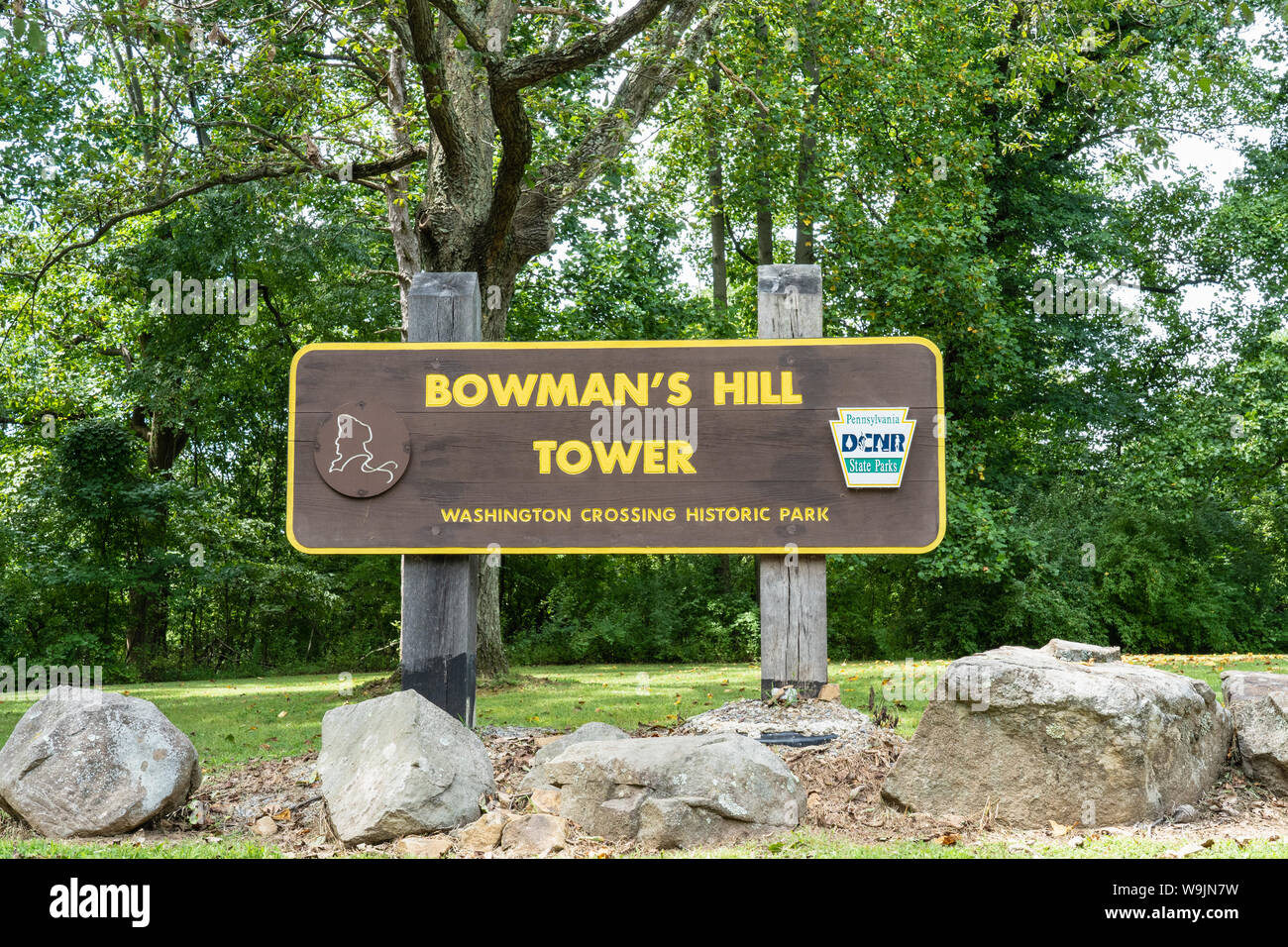 Washington Crossing, PA - August 10, 2019 Sign for Bowman's Hill Tower ...