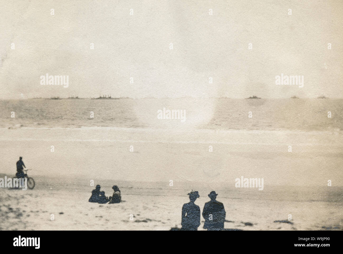 Antique c1900 photograph, Navy battleships with beachgoers in the ...
