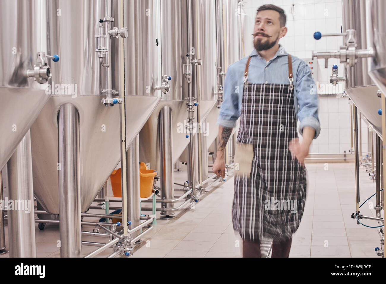 Bartender walking among beer vats and looking up at them because they ...