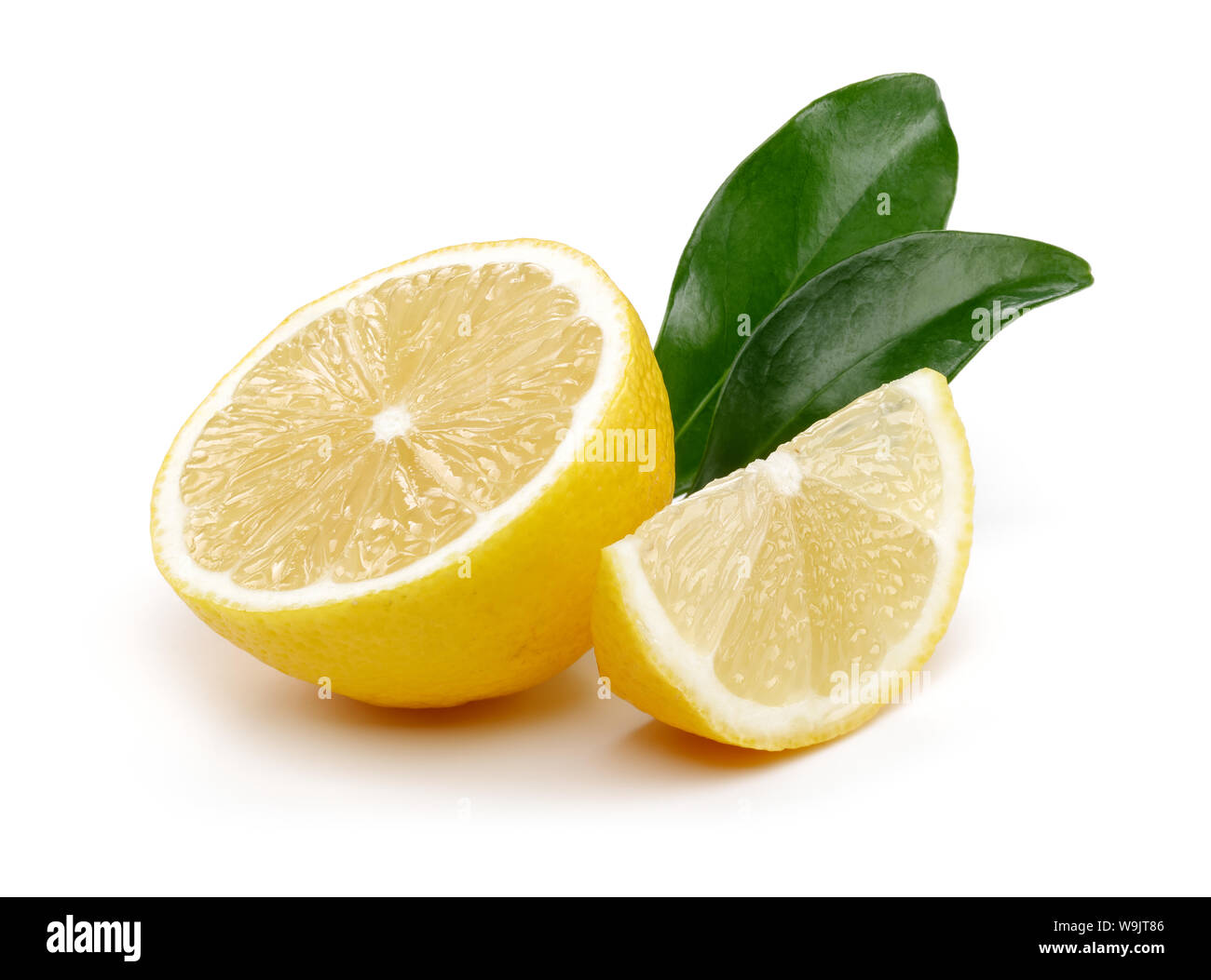 Fresh yellow lemon fruits with leaves isolated on white background ...