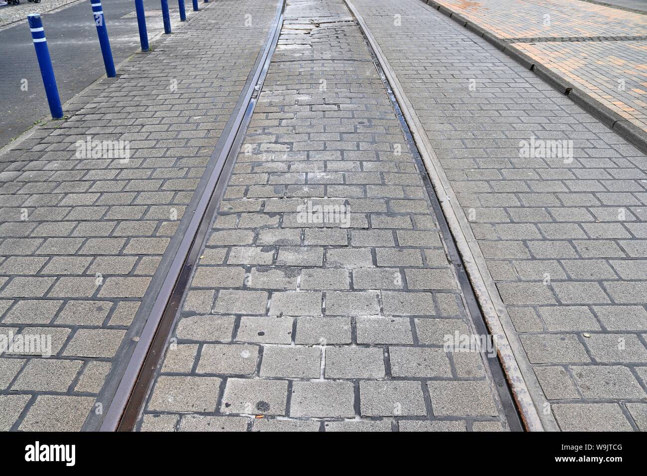 Detailed view on railroad tracks and railroad crossings in northern ...