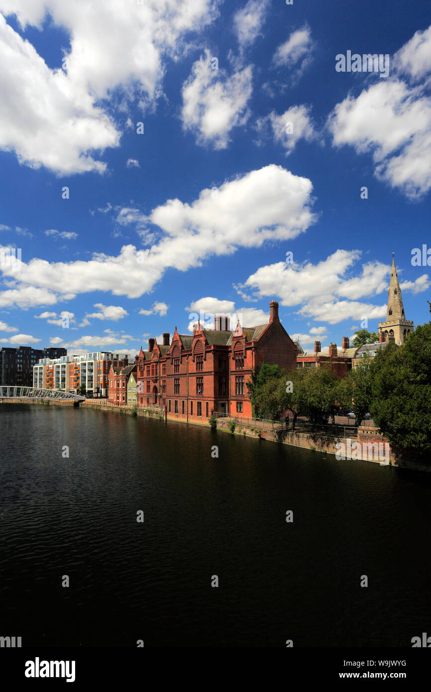 Buildings along the river Great Ouse embankment, Bedford town ...