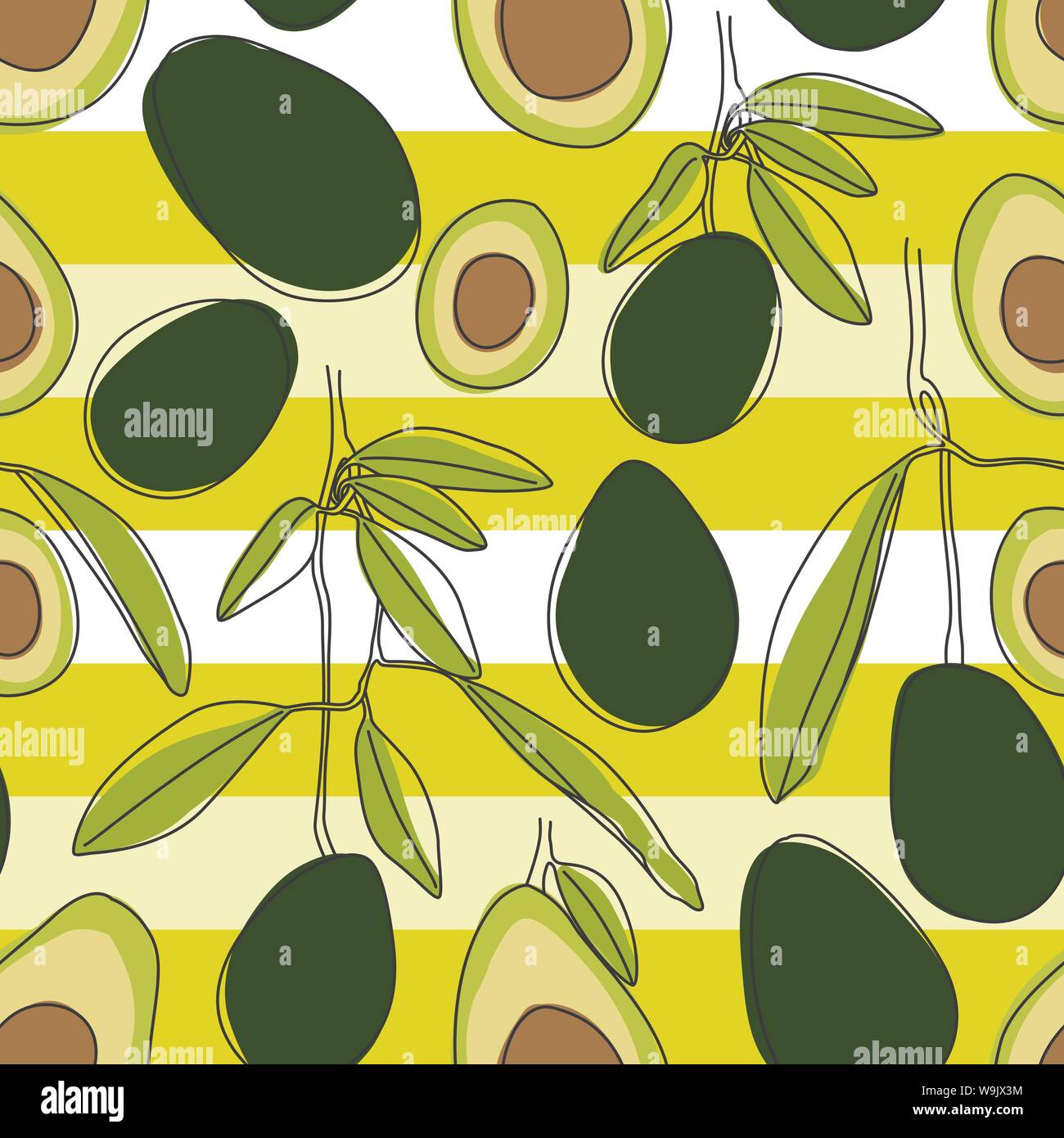 Artistic Vector Colorful Avocado Seamless Pattern on Striped Background ...