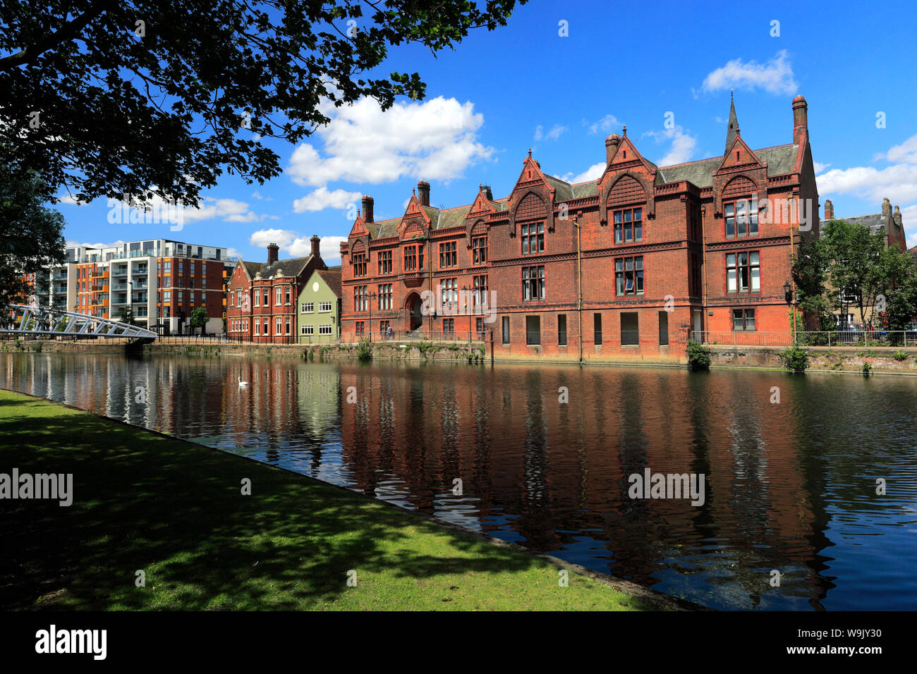 Buildings along the river Great Ouse embankment, Bedford town ...