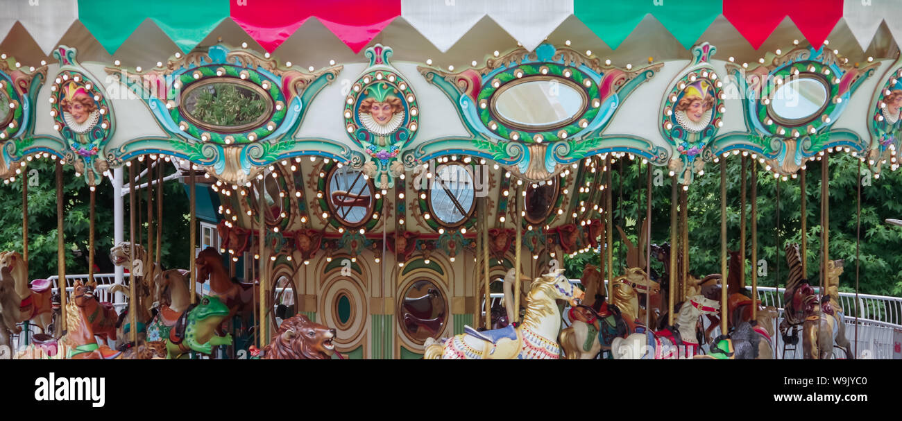 Tokyo, Japan, 07/10/2019 , carousel at La Qua, amusement park. Situated ...