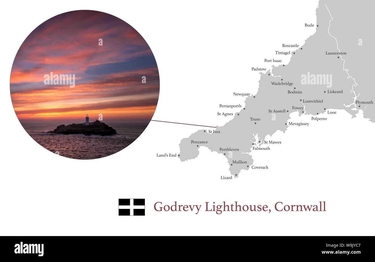 Map of Cornwall, featuring photographic image of Godrevy Lighthouse ...