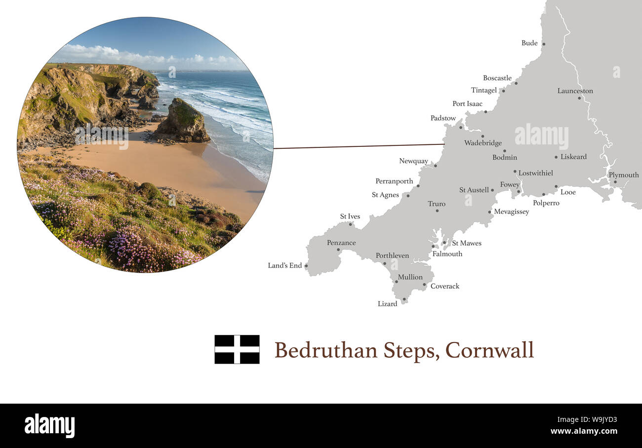 Map of Cornwall, featuring photographic image of Bedruthan Steps, and ...