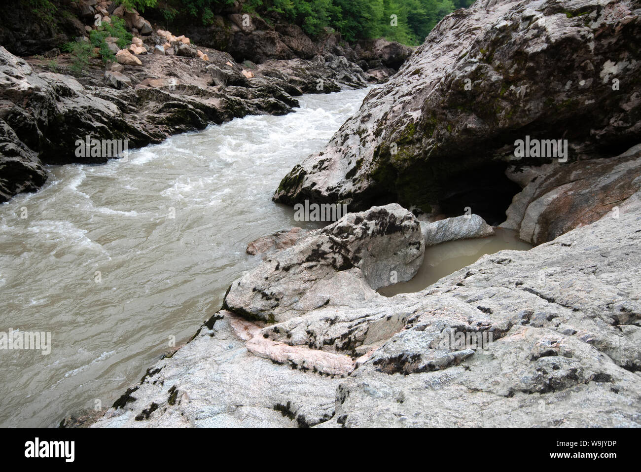 Summer landscape with mountain river, rocks and green forest Stock ...