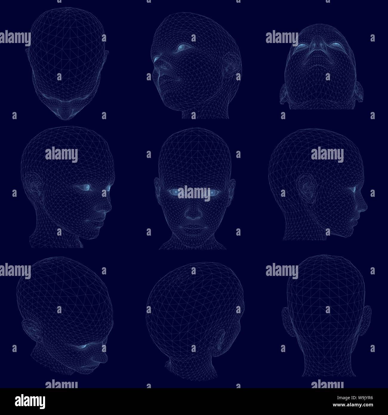 Set with wireframes of polygonal human heads. The blue contours of the ...