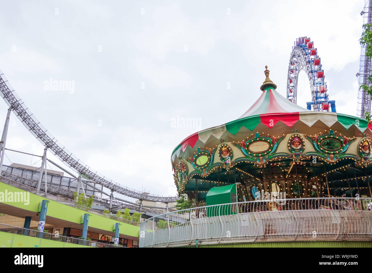 Tokyo, Japan, 07/10/2019 , carousel at La Qua, amusement park. Situated ...