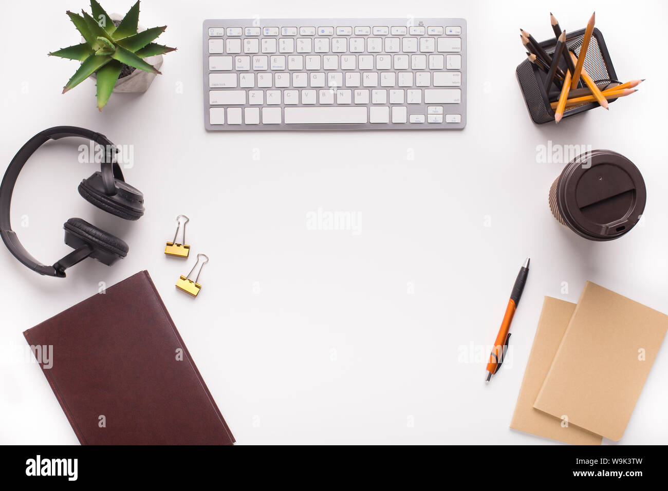 Modern Workplace with office stationery on white background Stock Photo ...