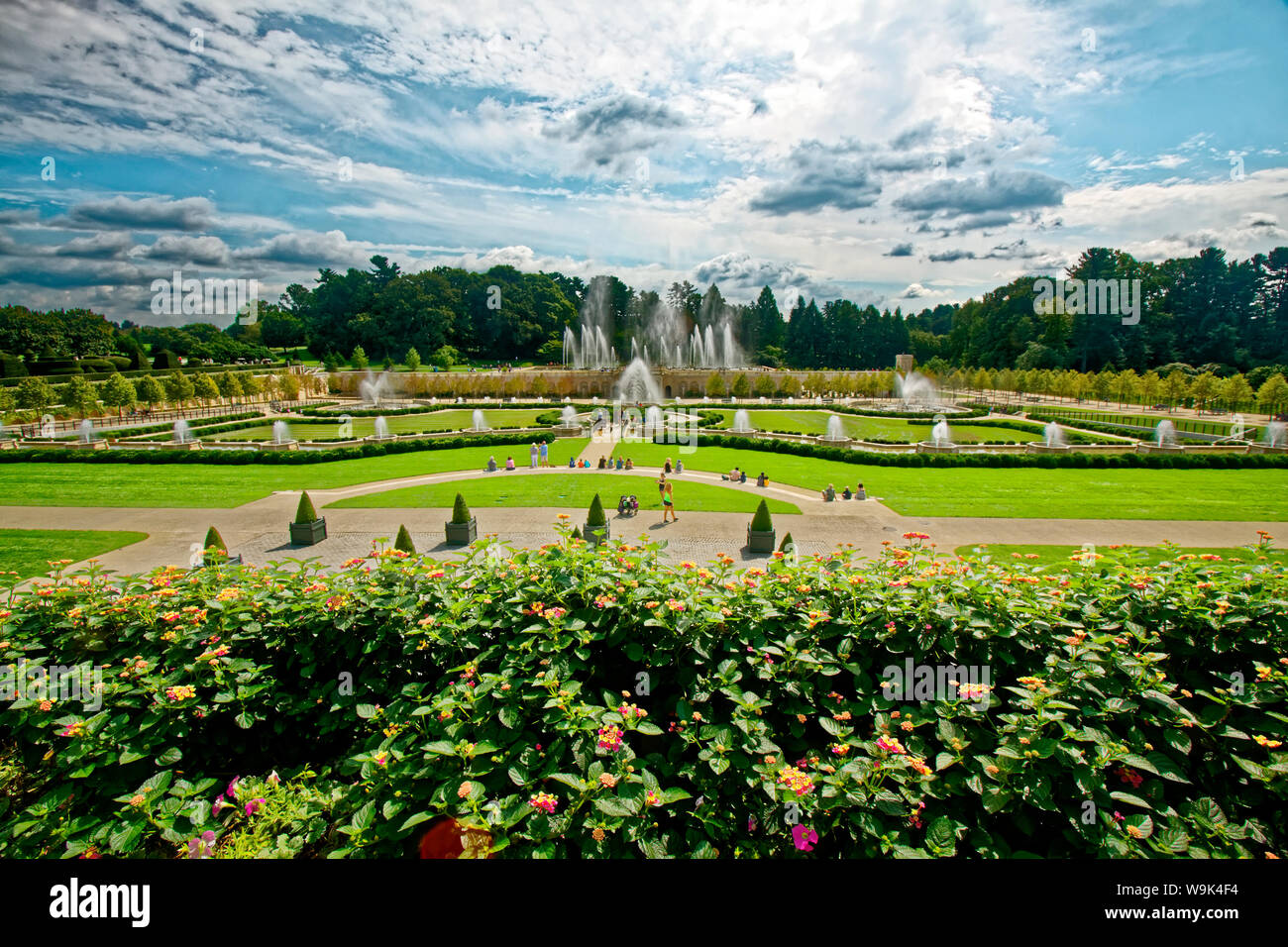Main Fountain Garden; multiple fountains; spouting water; panoramic ...