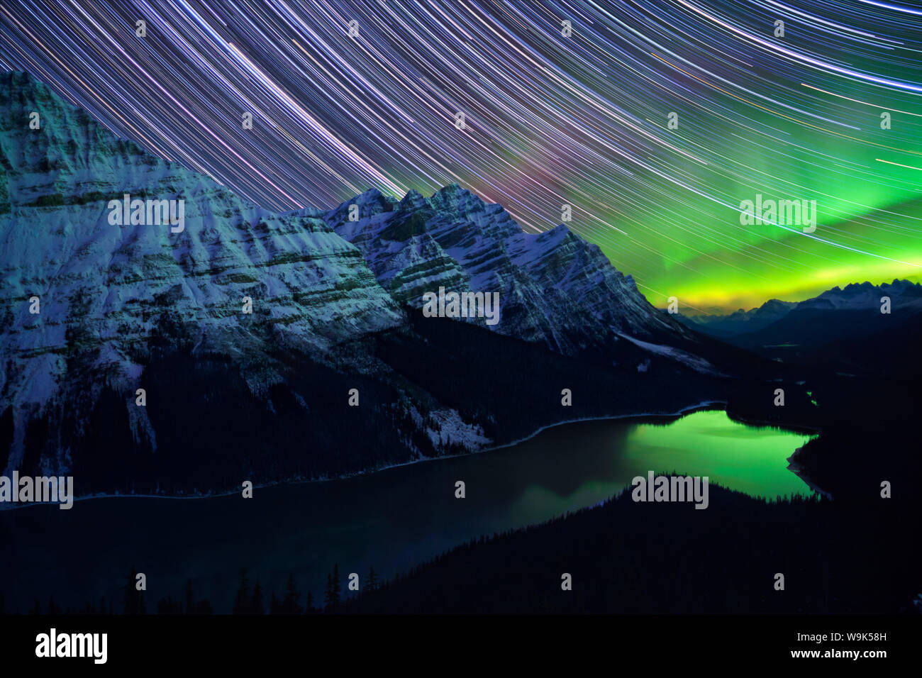 Star Trails and Northern Lights over Peyto Lake, Banff National Park ...