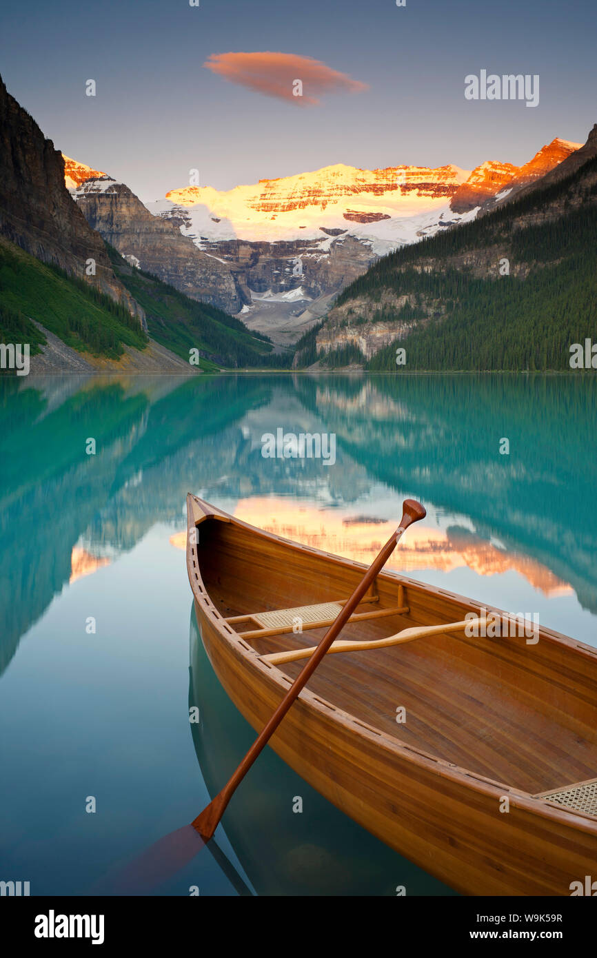 Canoe on Lake Louise at Sunrise, Lake Louise, Banff National Park ...