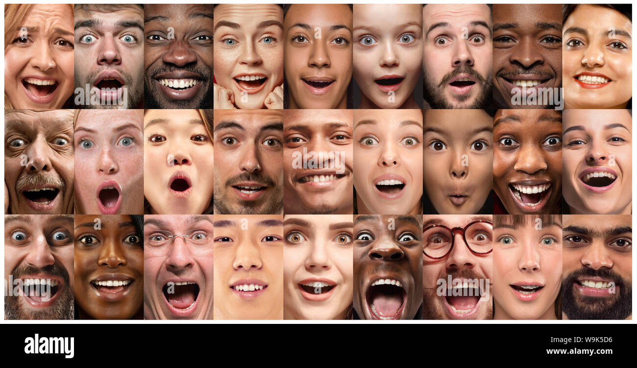 Close up portrait of young people. Human emotions, facial expression ...