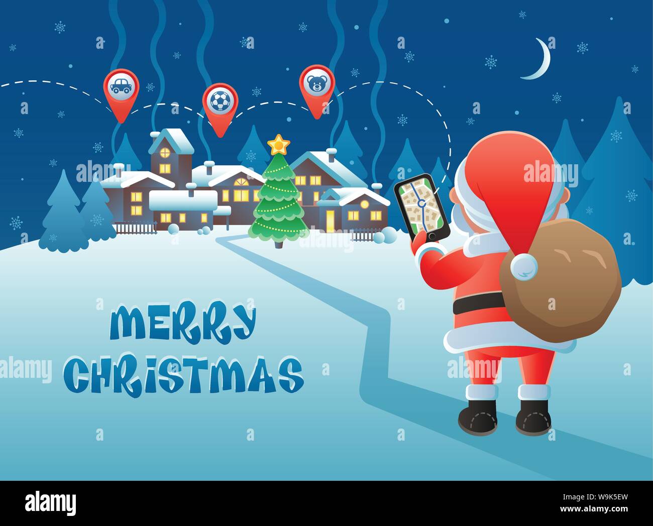 Merry Christmas. Cute Santa Claus with GPS navigation and map pointer ...