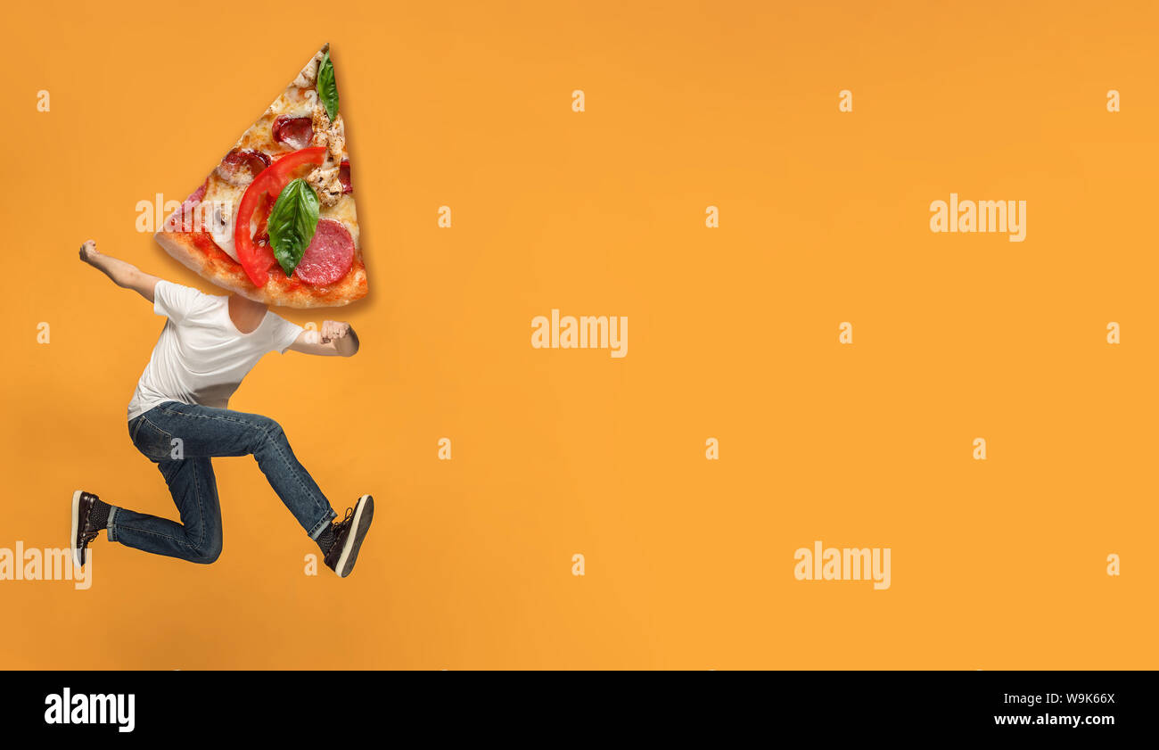 Fast food. Young caucasian people headed by pizza's slice and burgers ...