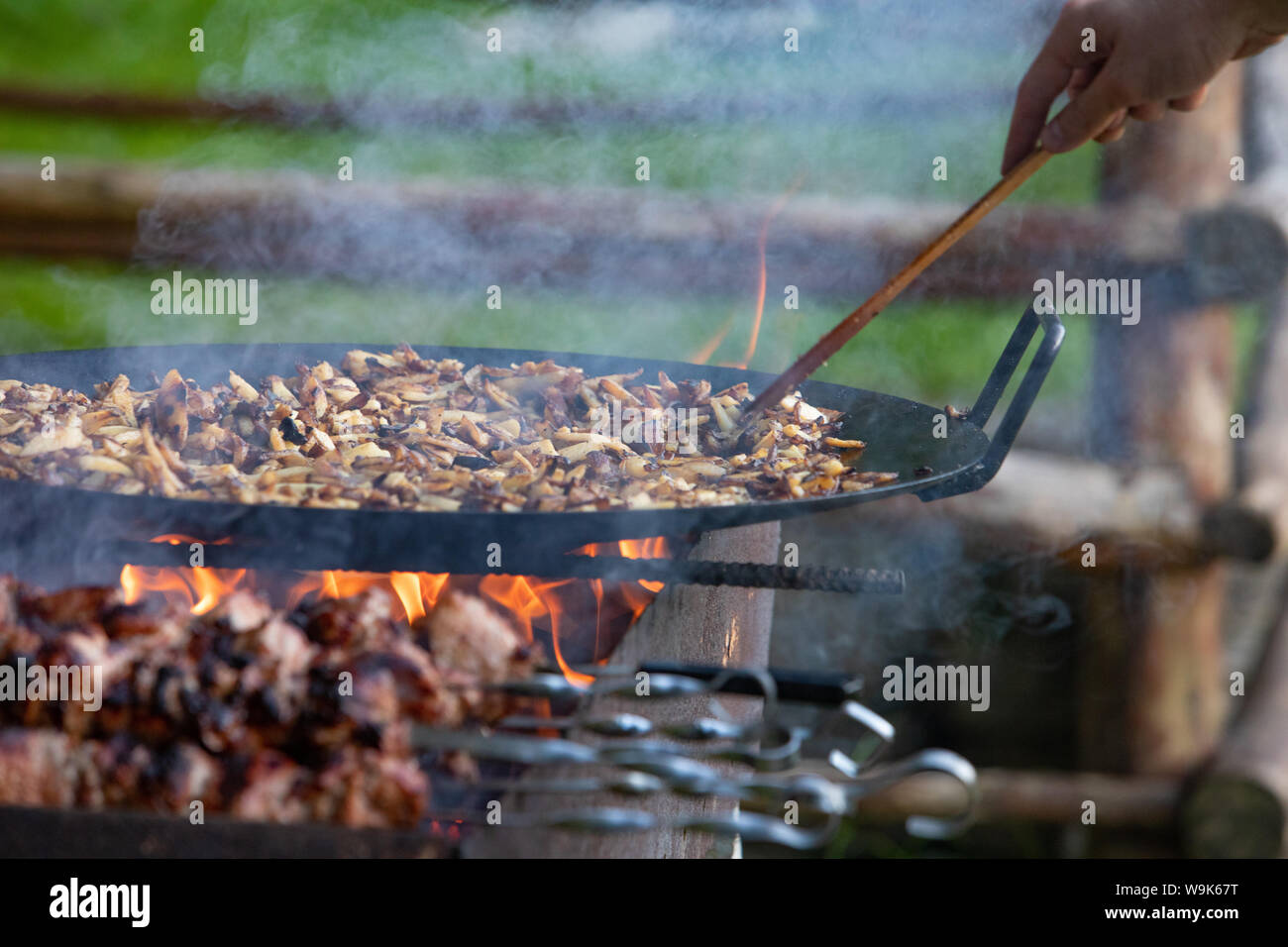 cooking meat at bbq fire close up Stock Photo - Alamy