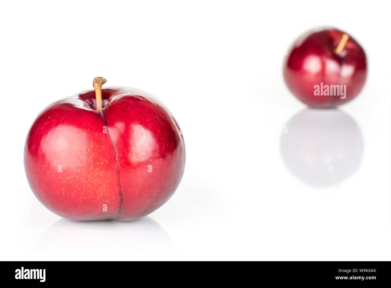 Group of two whole ripe red round plum placed diagonally in line ...