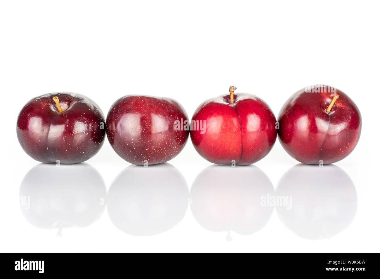 Group of four whole ripe red round plum in row isolated on white ...