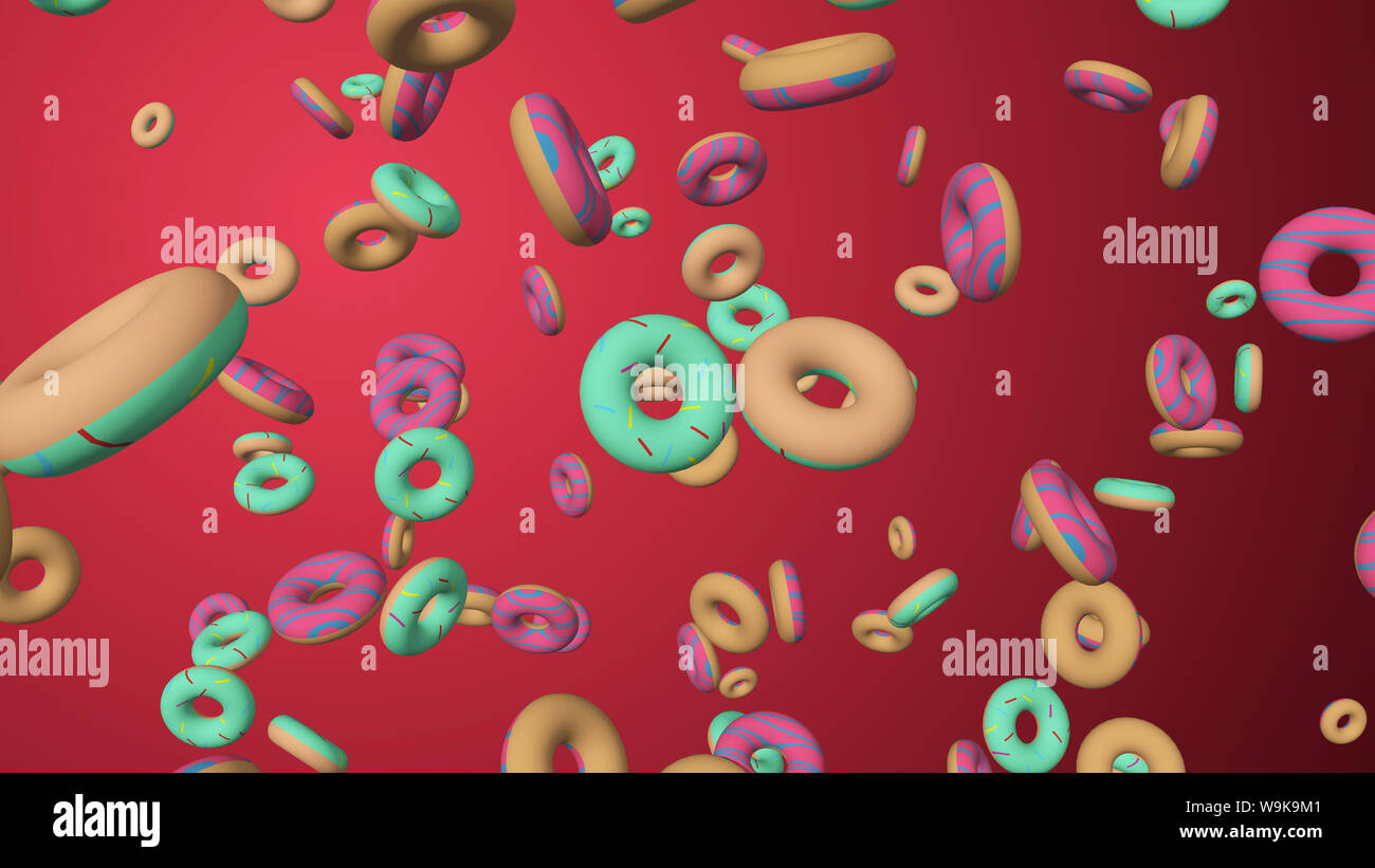 3D illustration of rain of colorful Donuts, many donuts falling over red background. fast food ...