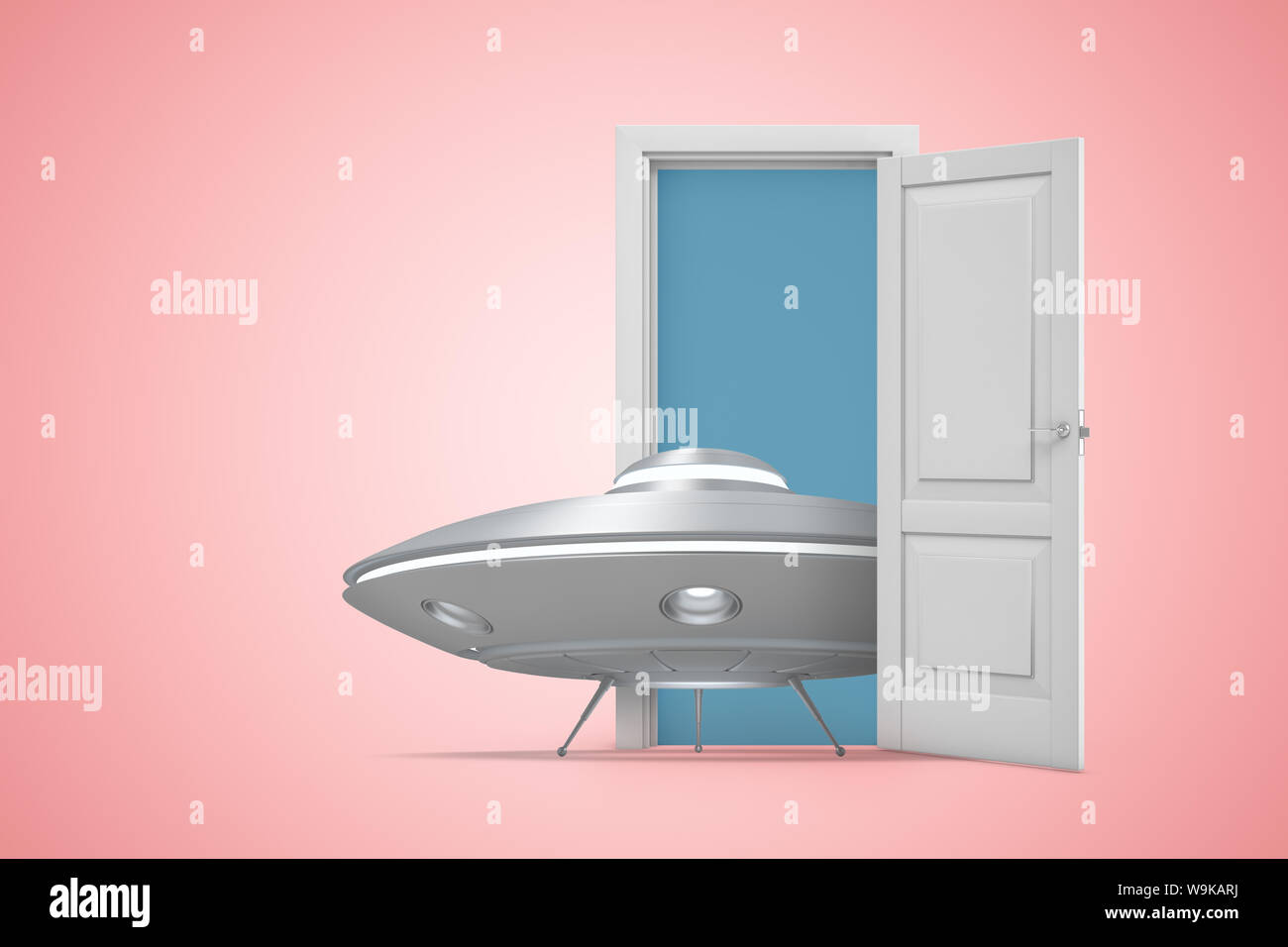 3d rendering of small grey shiny UFO standing in open door on pink ...