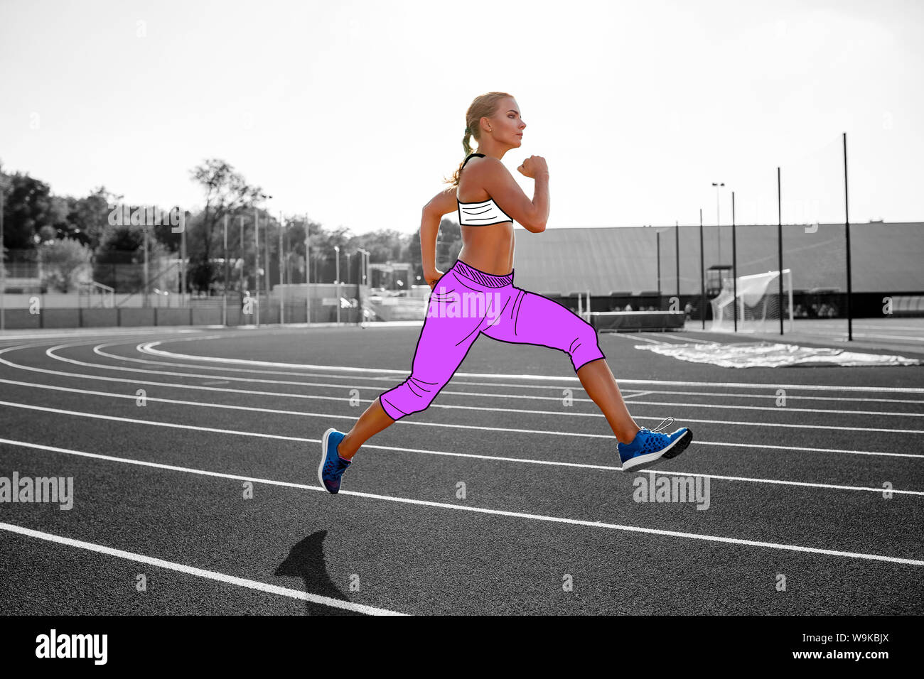Woman athlete in a cartoon sport clothes is running by the track of a ...