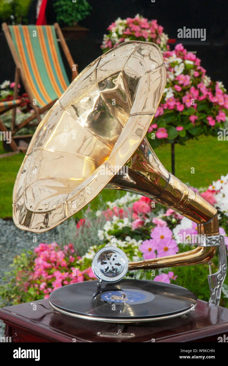 Wind-up disc gramophone and floral display at Southport Flower Show ...