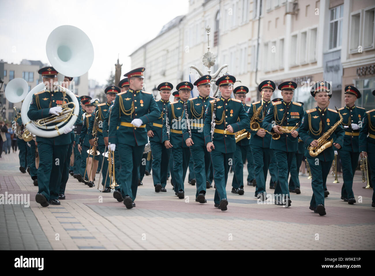 RUSSIA, KAZAN 09-08-2019: A wind instrument parade - people in green ...