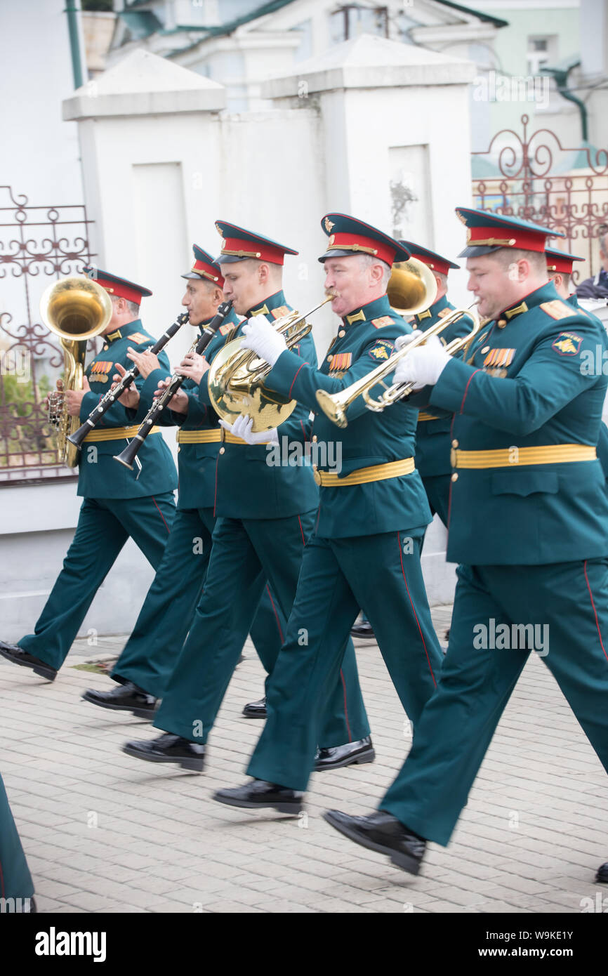 RUSSIA, KAZAN 09-08-2019: A wind instrument parade - people in green ...