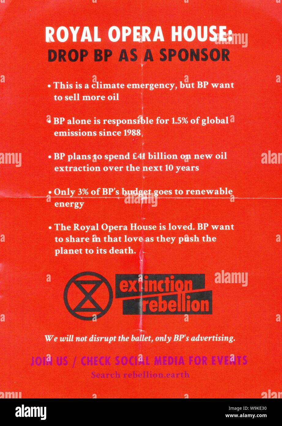 Poster distributed in Trafalgar Square, London by Extinction Rebellion ...