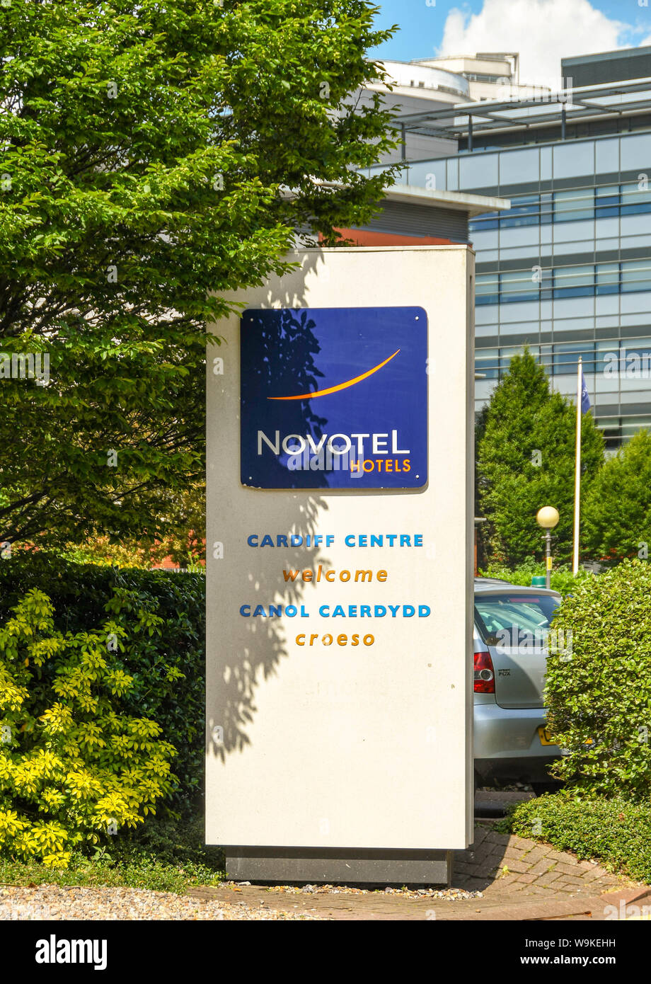 CARDIFF, WALES - JUNE 2019: Sign at the entrance of the Novotel hotel ...