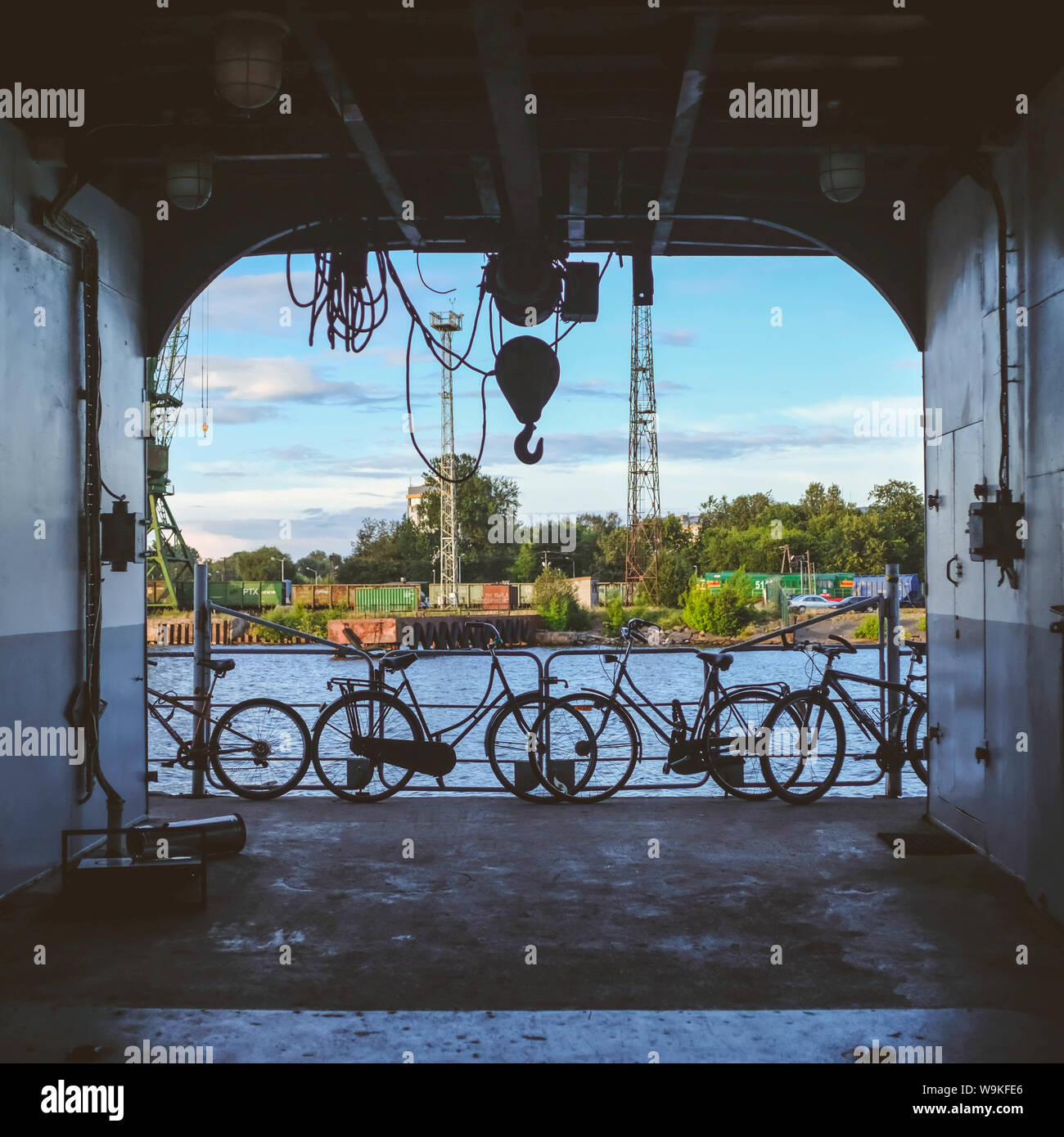 Bicycles leaned against a railing of an old floating workshop in ...