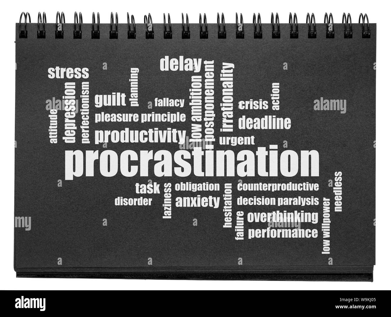 procrastination word cloud - white text in an isolated black paper ...