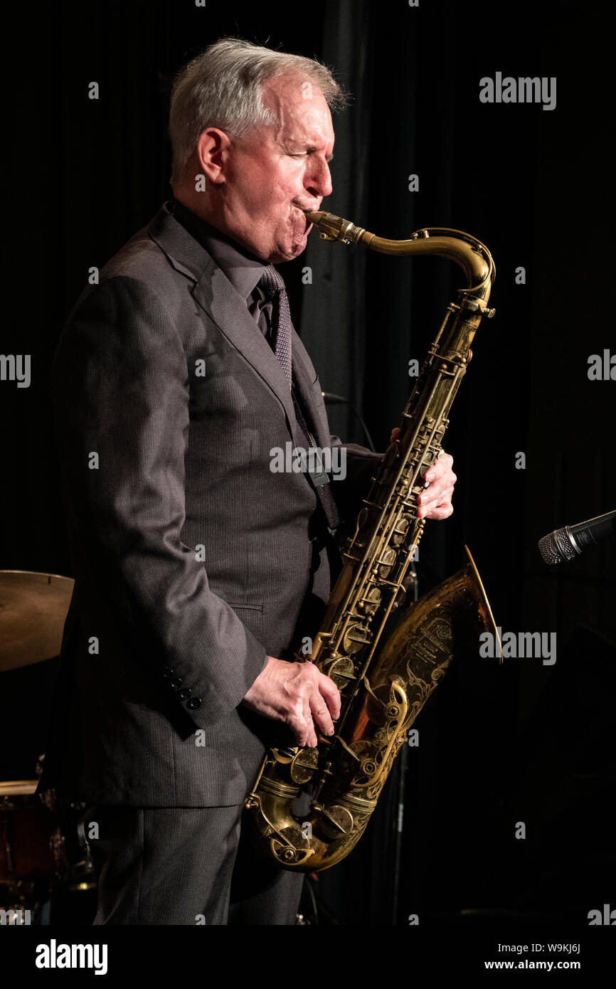 Scott Hamilton playing tenor sax with his quartet, Brecon Jazz festival ...