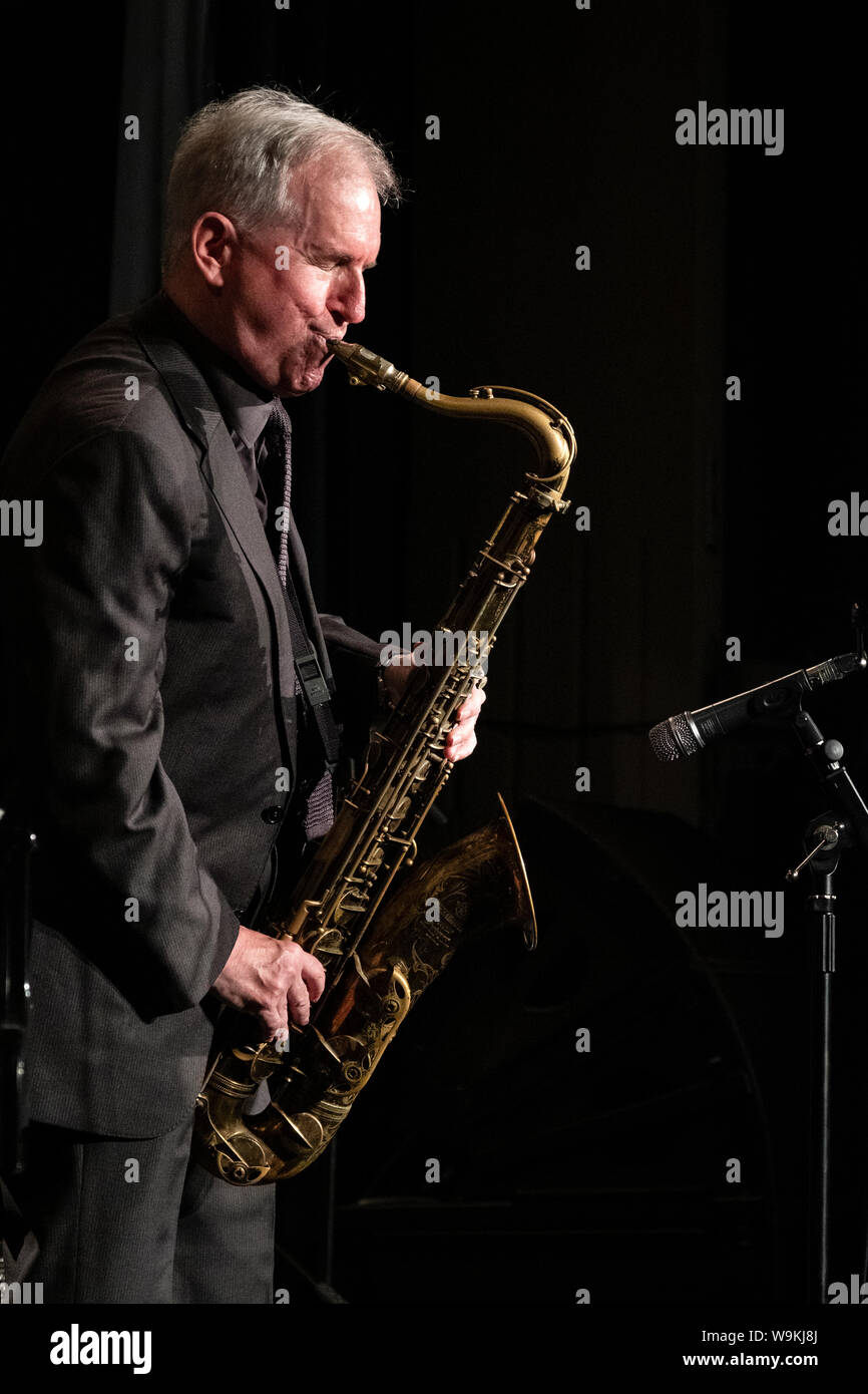 Scott Hamilton playing tenor sax with his quartet, Brecon Jazz festival ...