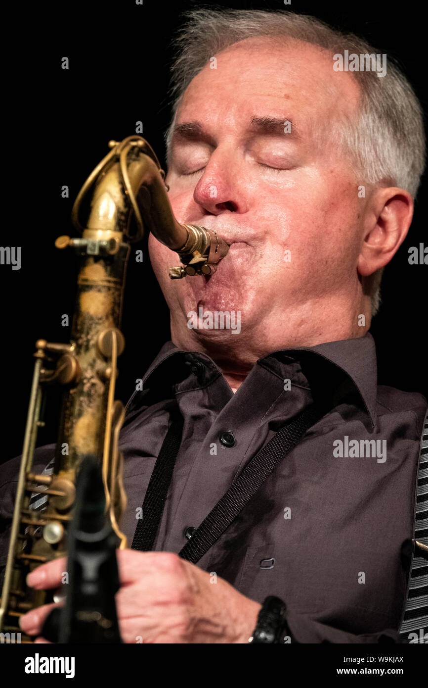 Scott Hamilton playing tenor sax with his quartet, Brecon Jazz festival ...