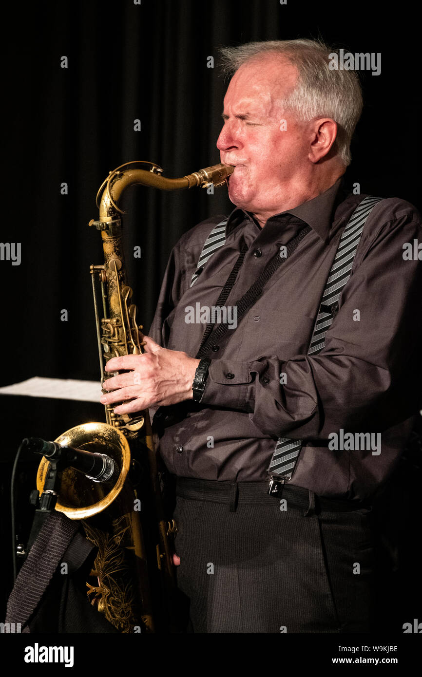 Scott Hamilton playing tenor sax with his quartet, Brecon Jazz festival ...