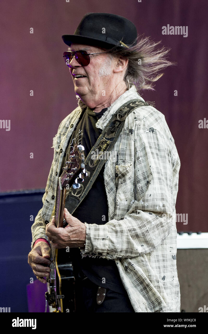 LONDON, ENGLAND: Neil Young performs on the Great Oak Stage in Hyde ...