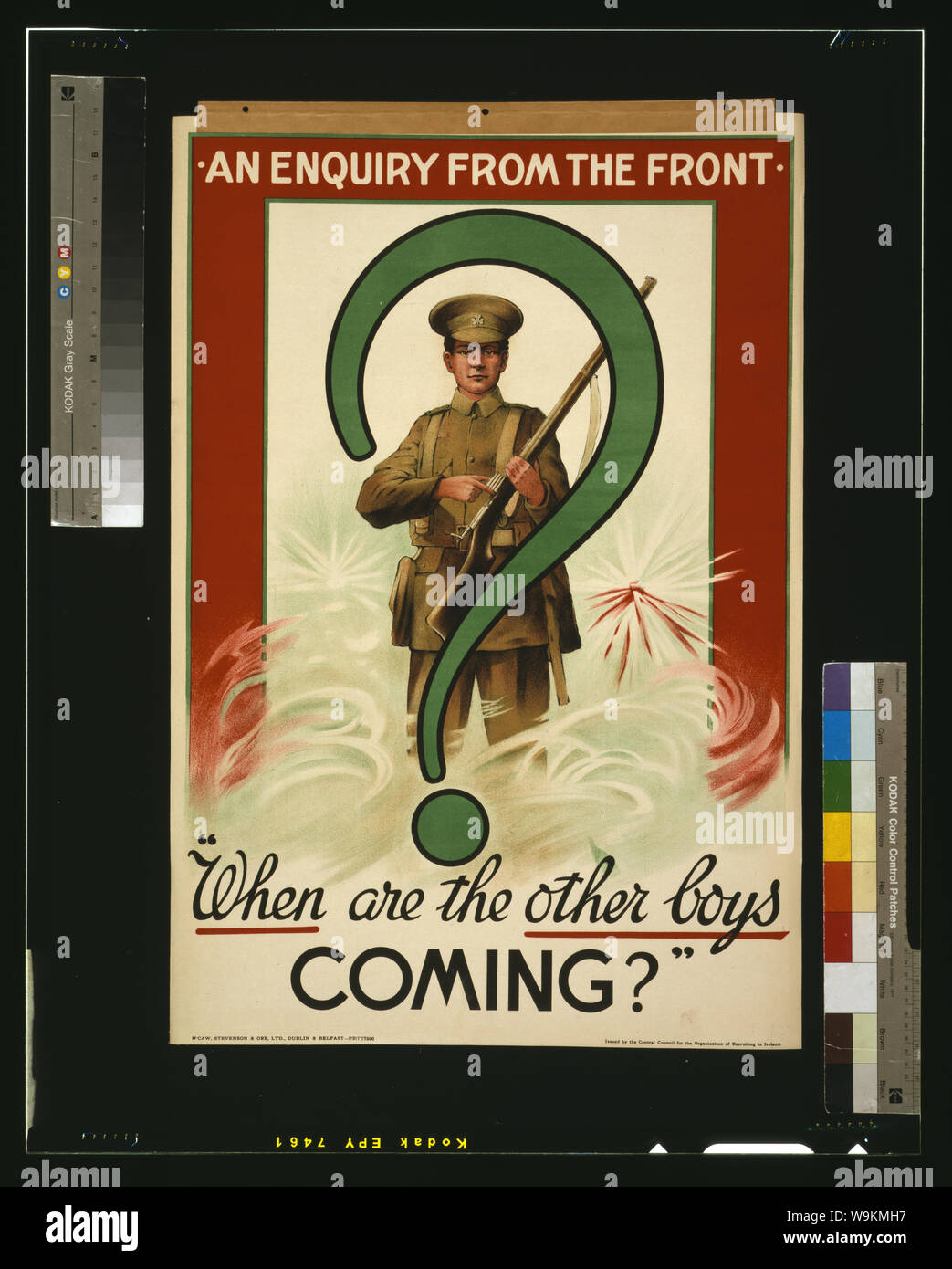An enquiry from the front Abstract: Poster showing a soldier holding a ...