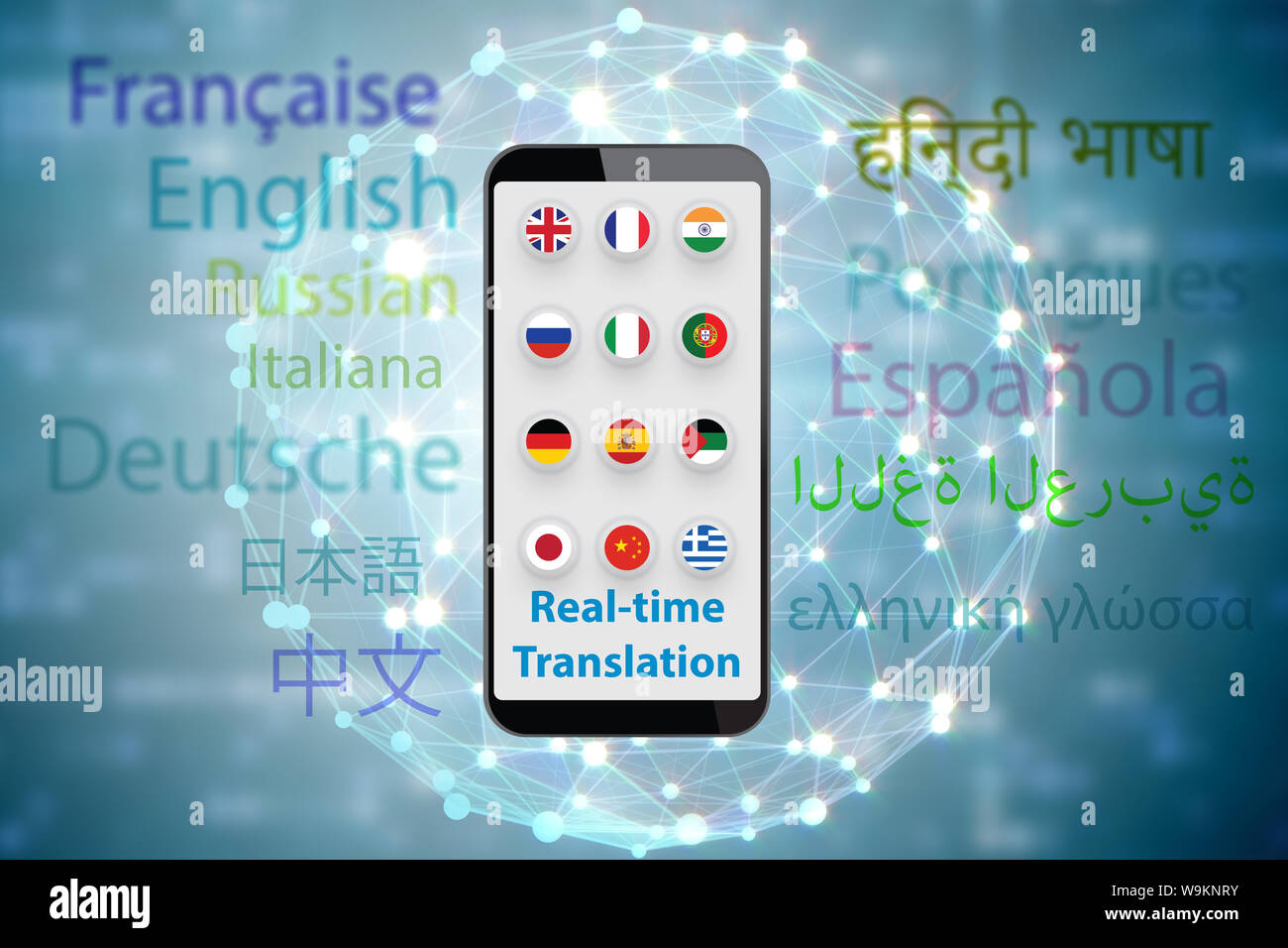 Concept of real time translation with smartphone app - 3d rendering ...